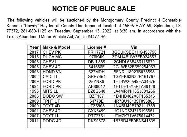 Notice of Public Sale #1 | Woodlands Online